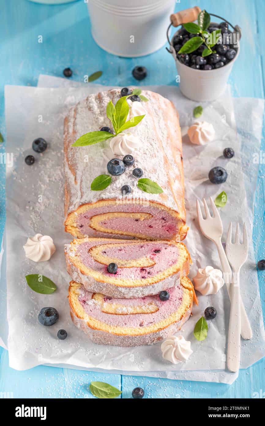 Tasty blueberry swiss roulade served as spring dessert. Mango swiss ...