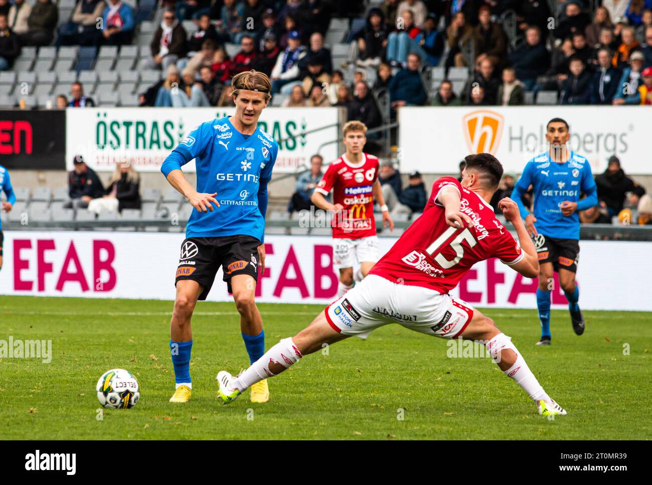 Halmstad, Sweden. 07th Oct, 2023. Erik Ahlstrand (10) of Halmstad BK and Seid Korac (15) of ...