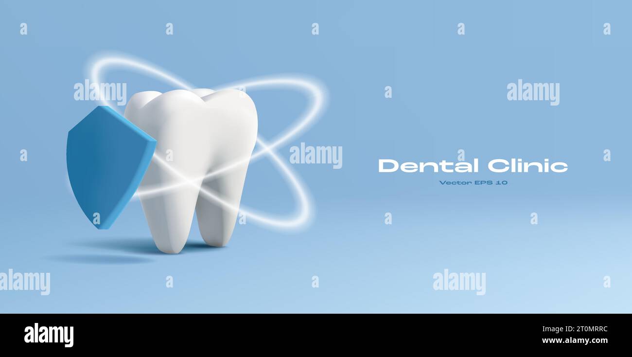 3D illustration of a tooth with shield icon and protective shiny ...