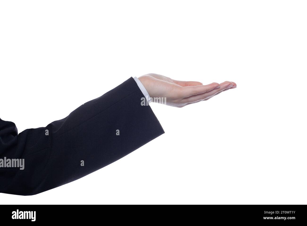 Open hand of business person in formal suit isolated on white ...