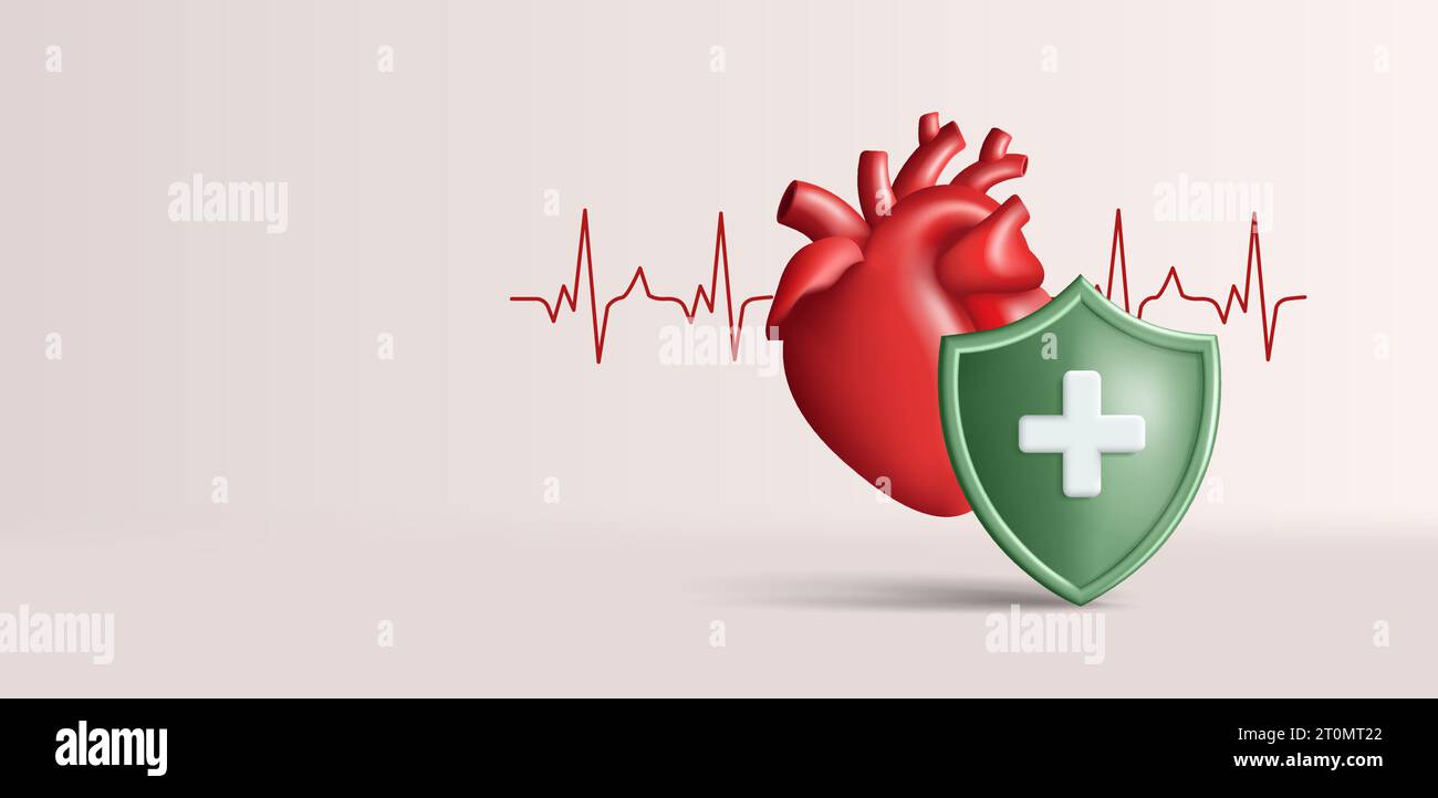 Realistic heart illustration with shield icon and heart beat cardio ...