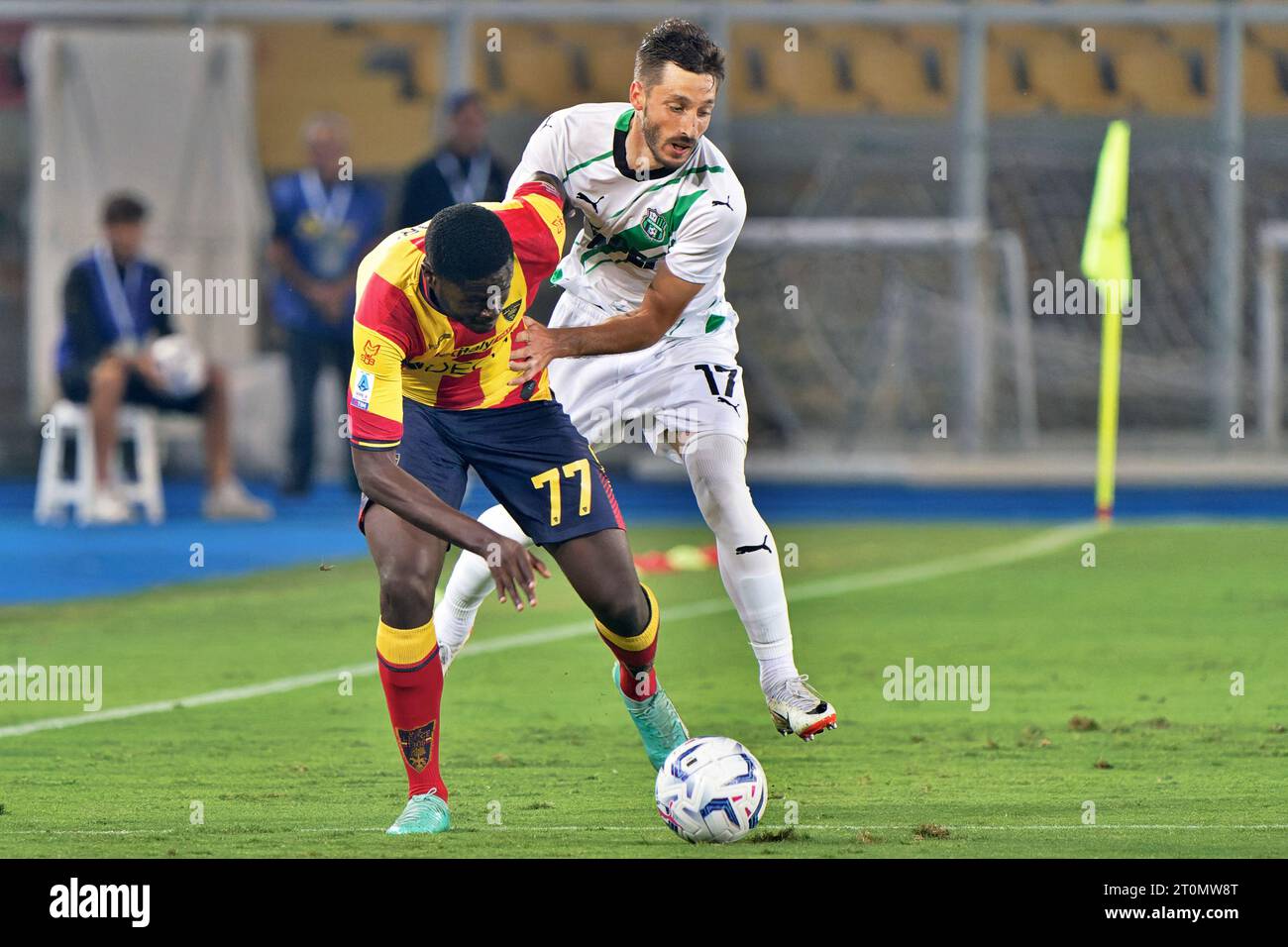 Lecce, Italy. 06th Oct, 2023. Mohamed Kaba (US Lecce) and Matias Vina ...