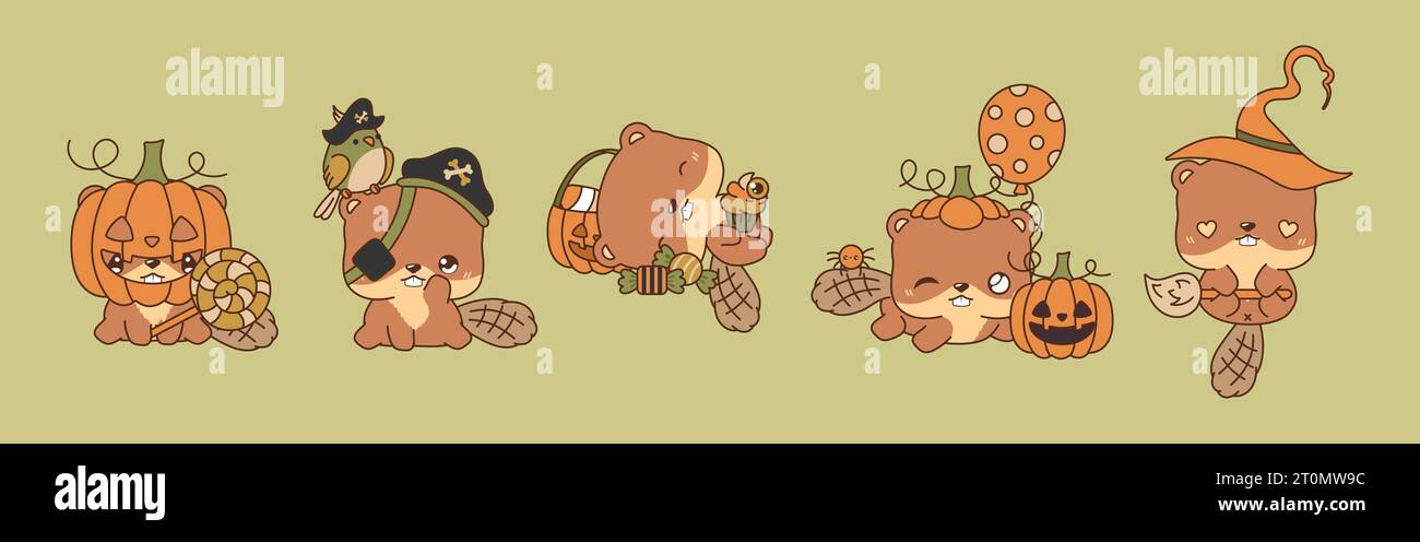 Collection of Vector Halloween Beaver Art. Set of Isolated Halloween ...