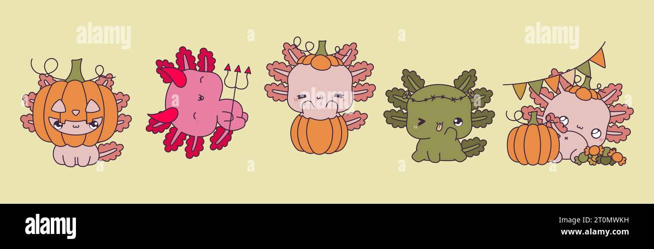 Set of Kawaii Halloween Axolotl. Collection of Vector Halloween ...
