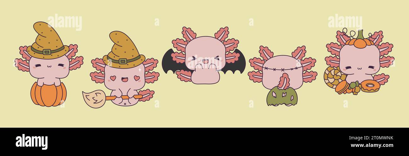 Set of Vector Halloween Axolotl Illustrations. Collection of Kawaii ...