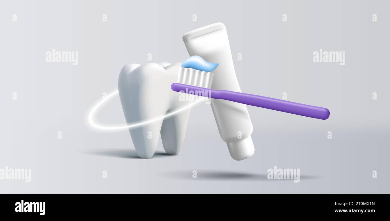 3D illustration of a tooth with tooth paste and brush and protective ...