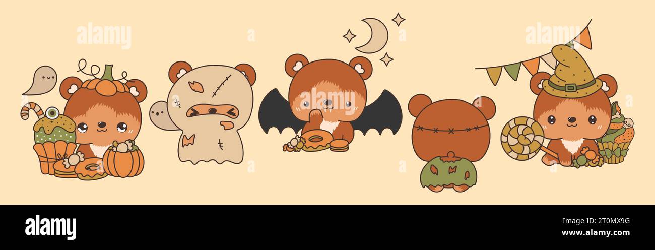 Set of Vector Halloween Bear Illustrations. Collection of Kawaii ...