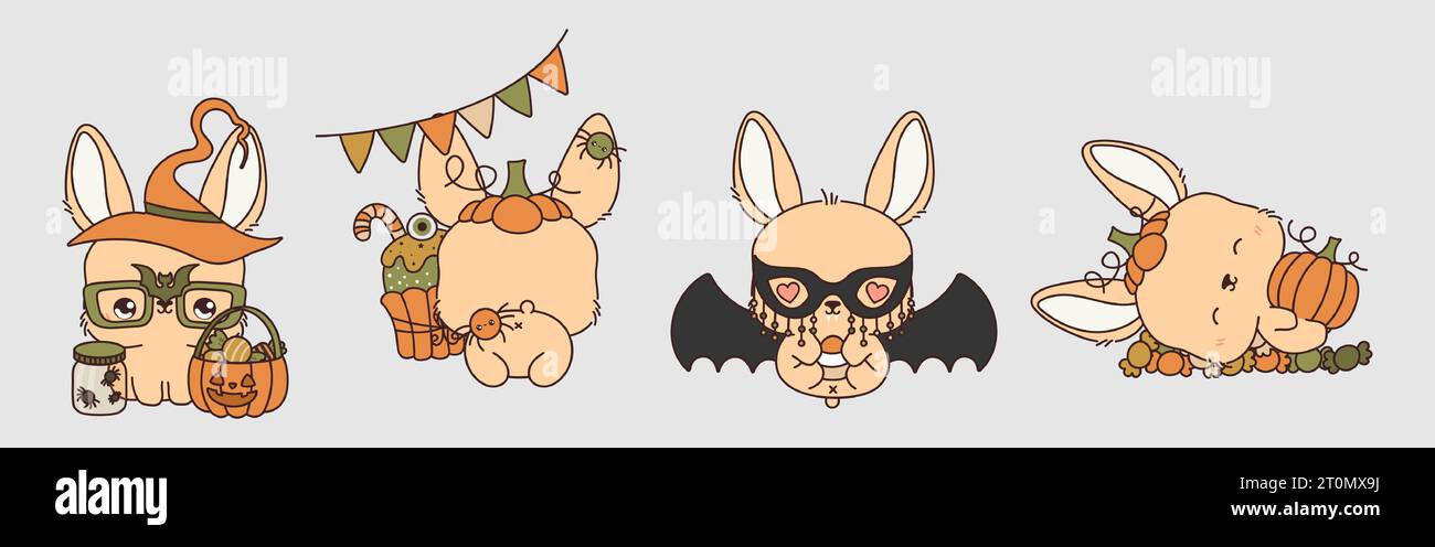 Collection of Vector Halloween Bunny Art. Set of Isolated Halloween ...