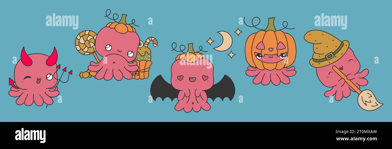 Set of Kawaii Halloween Octopus. Collection of Cute Vector Halloween ...