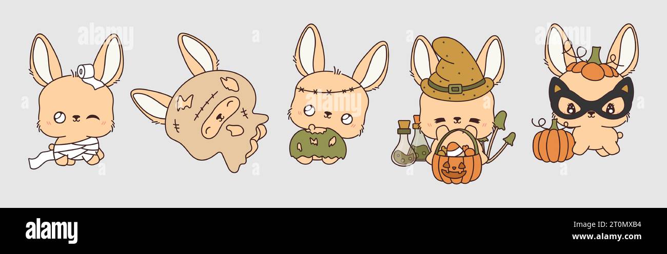 Set of Vector Halloween Rabbit Illustrations. Collection of Kawaii ...