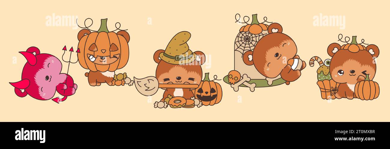 Set of Kawaii Halloween Bear. Collection of Cute Vector Halloween ...