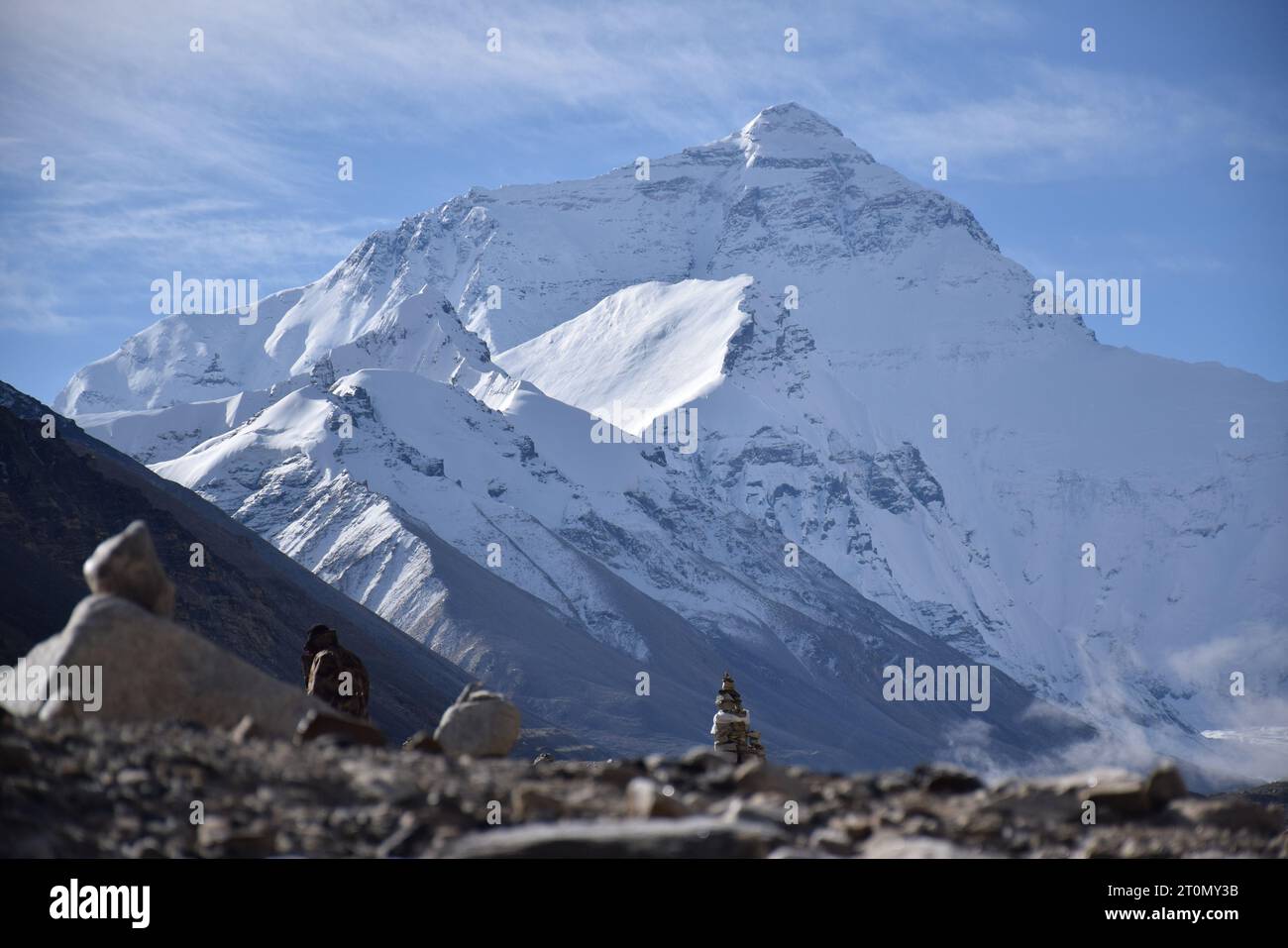 The peak of mount Everest in Himalaya chain seen from Everest base camp ...
