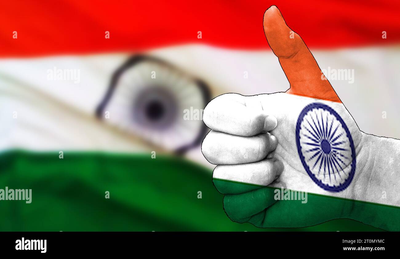 thumbs up in approval with the Indian flag painted Stock Photo - Alamy