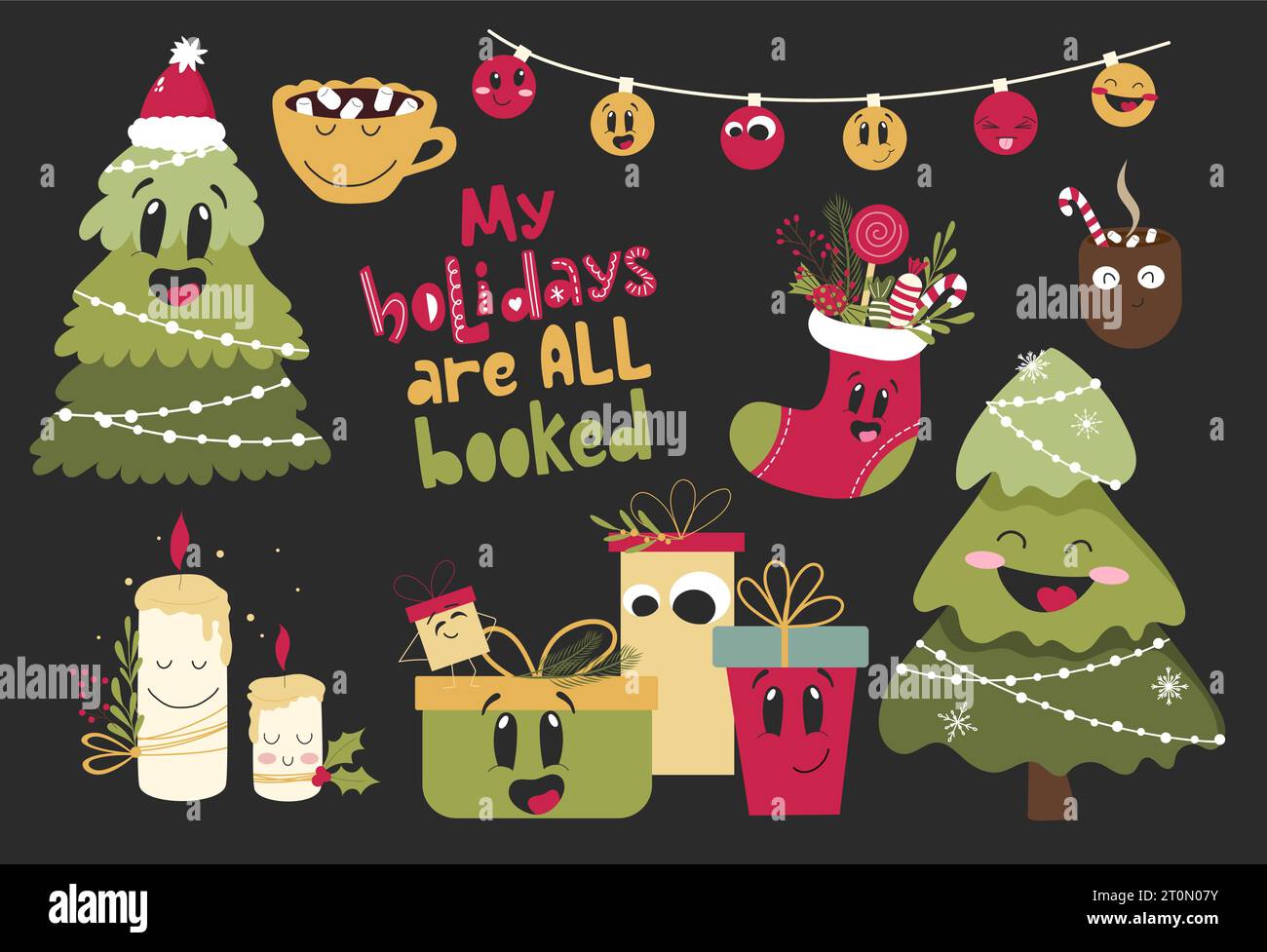 Trandy mascot Christmas set. Hand drawn happy Christmas trees, smiling ...