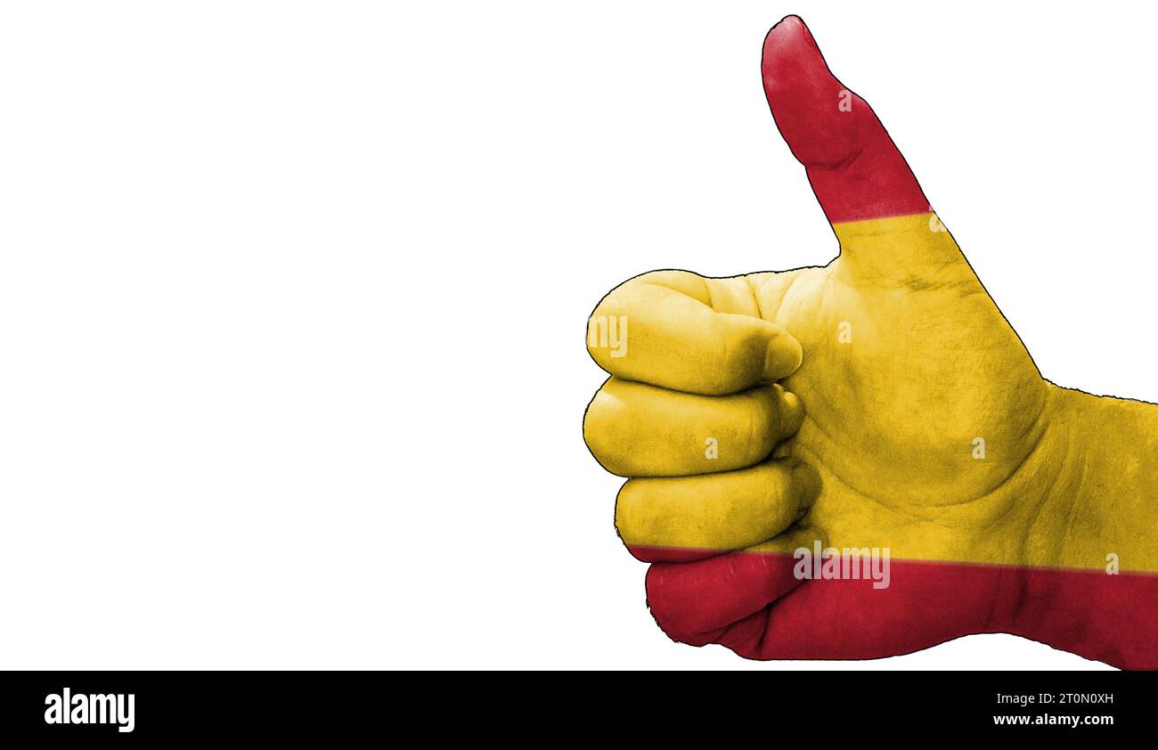 hand with thumbs up in approval with the Spanish flag painted. Image ...
