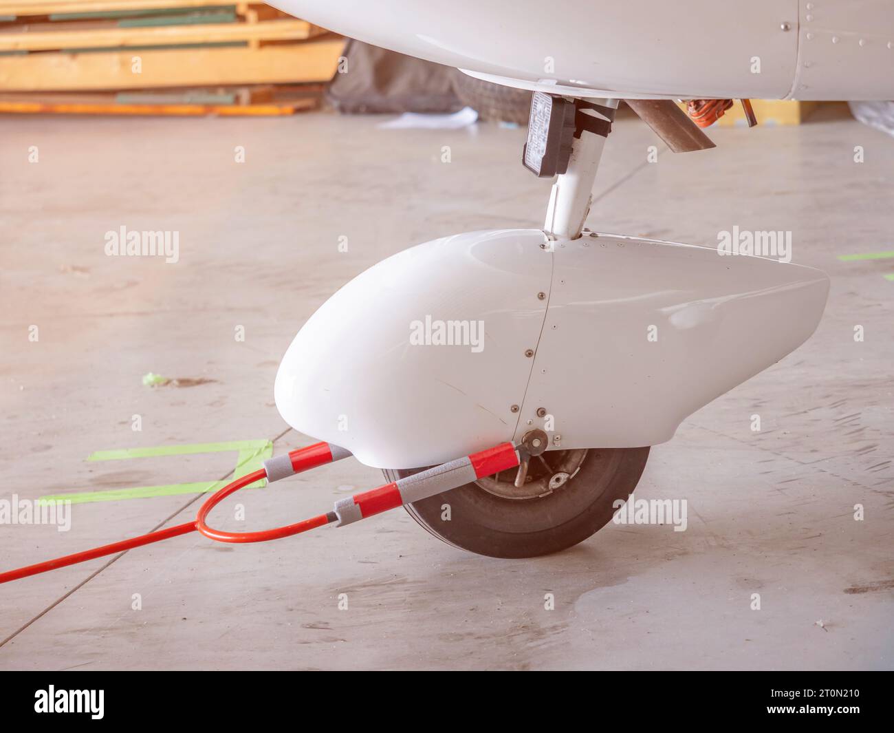 Detail of Ultralight weight plane wheel in hangar. Close up of aircraft ...