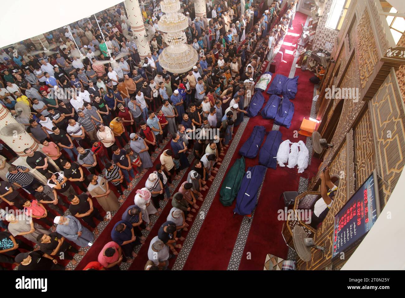Rafah, Palestine. 8th Oct 2023. People gather at a mosque to pray over ...