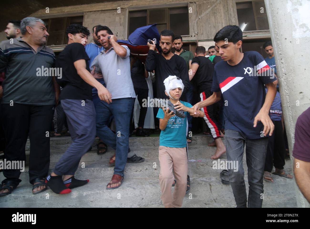 Rafah, Palestine. 8th Oct 2023. People gather at a mosque to pray over ...