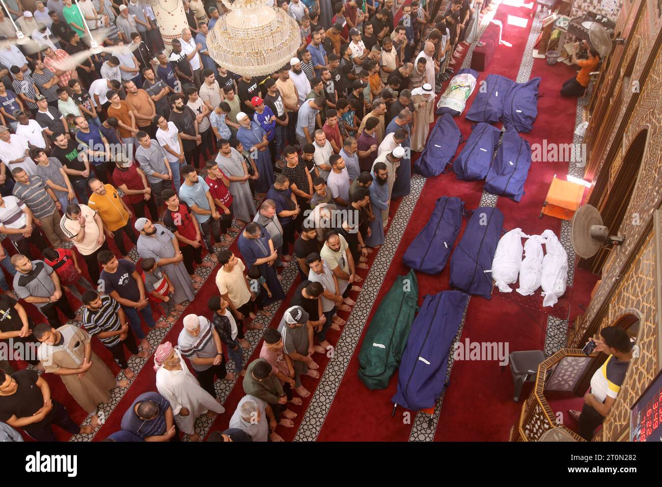Rafah, Palestine. 8th Oct 2023. People gather at a mosque to pray over ...