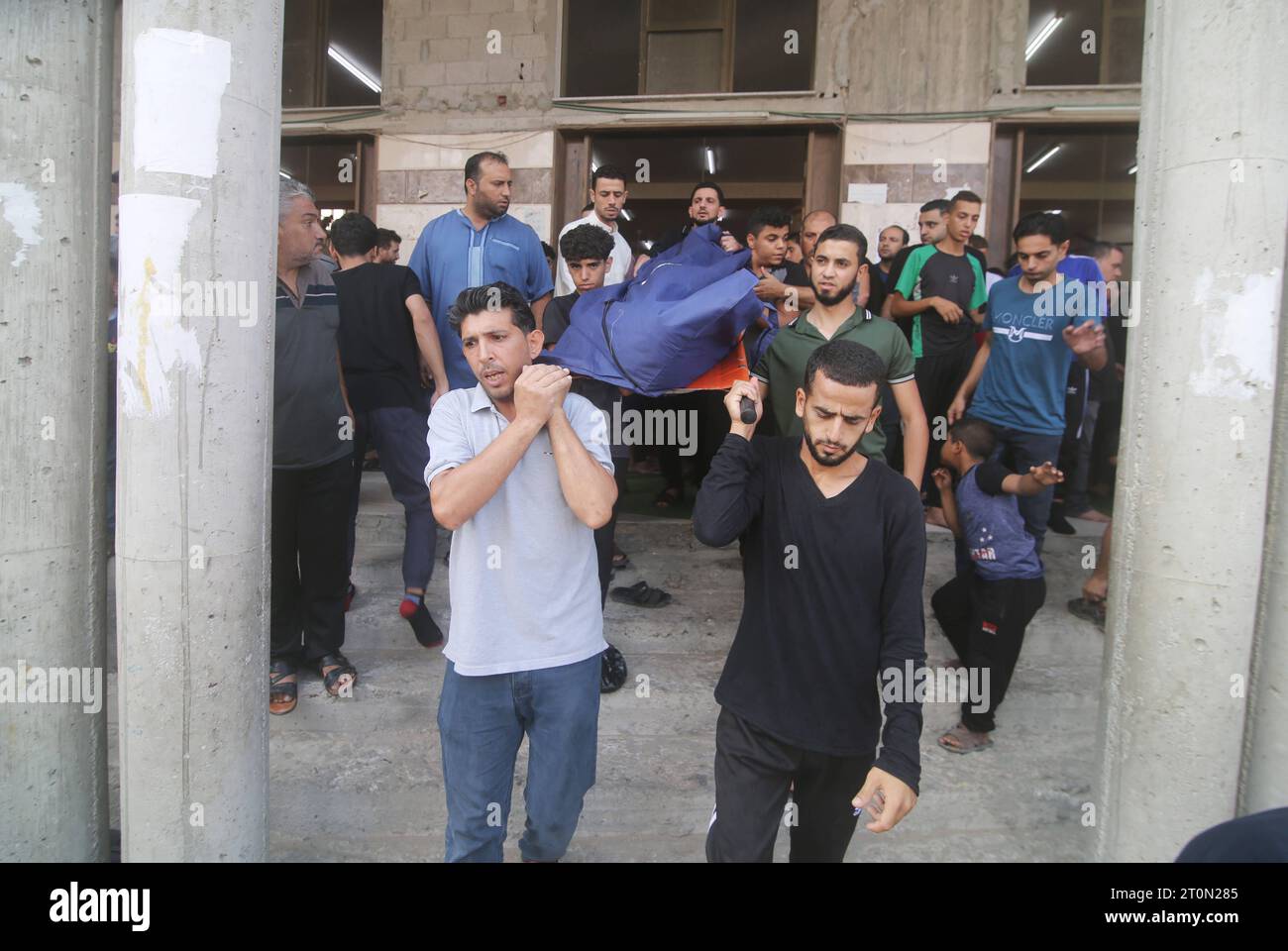 Rafah, Palestine. 8th Oct 2023. People gather at a mosque to pray over ...