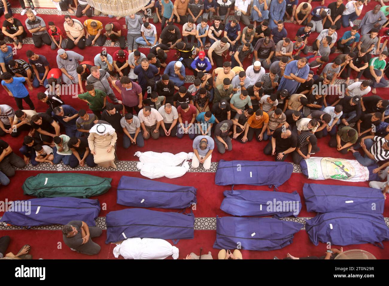 Rafah, Palestine. 8th Oct 2023. People gather at a mosque to pray over ...