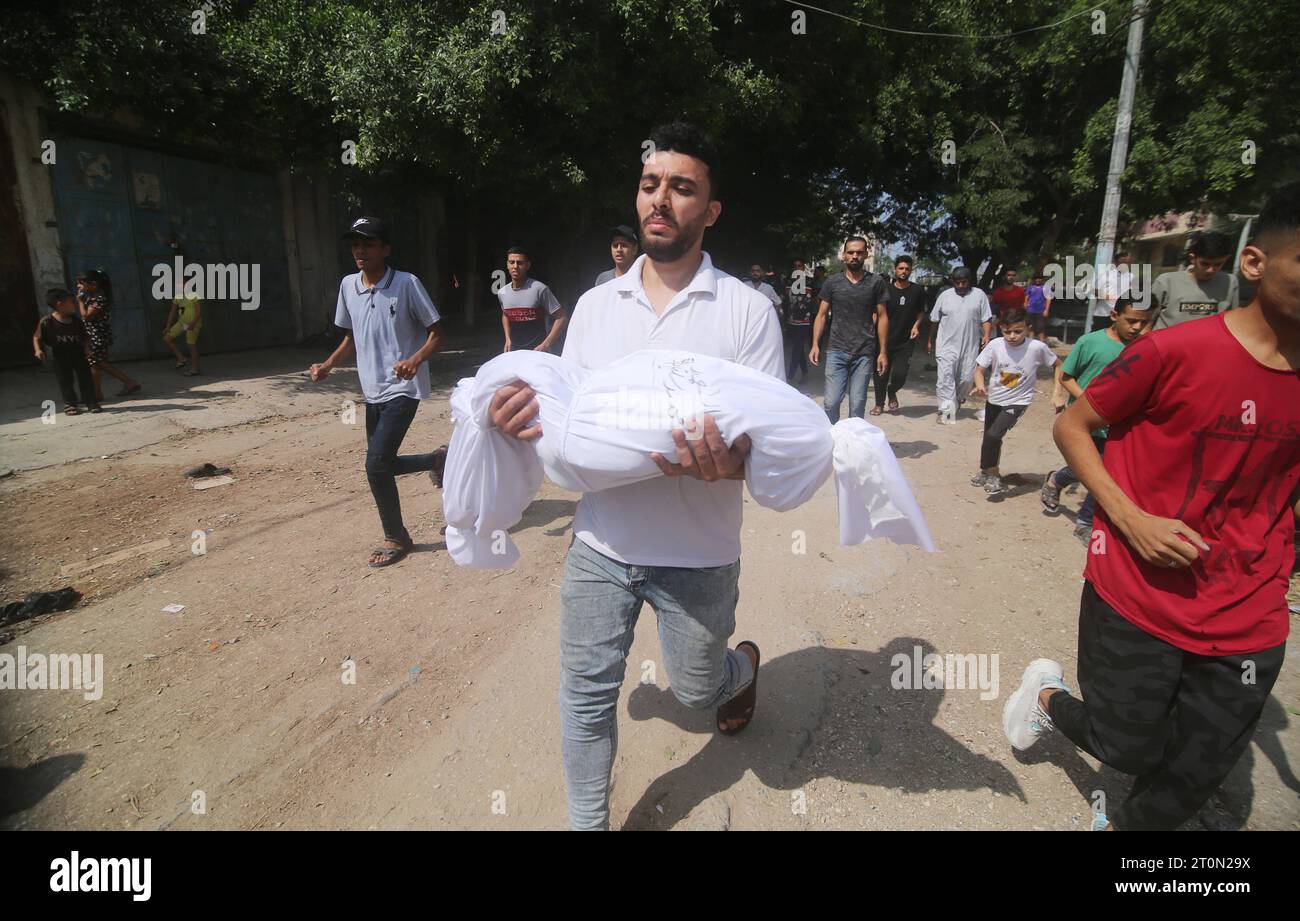 Rafah, Palestine. 8th Oct 2023. People gather at a mosque to pray over ...