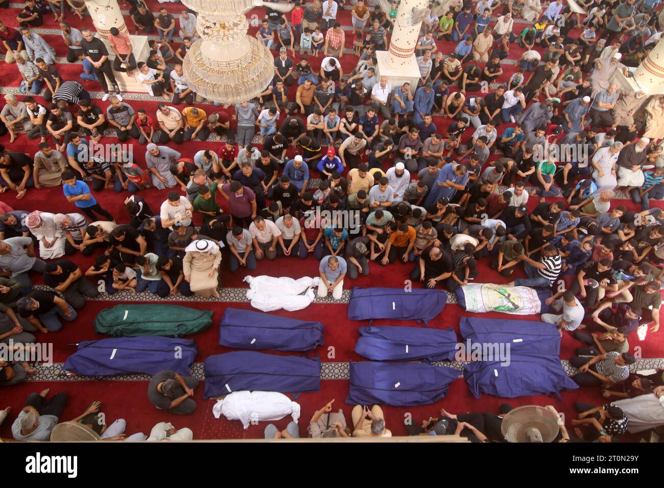 Rafah, Palestine. 8th Oct 2023. People gather at a mosque to pray over ...