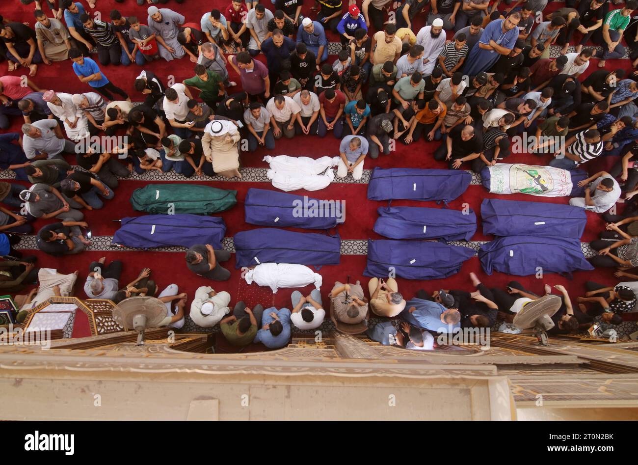 Rafah, Palestine. 8th Oct 2023. People gather at a mosque to pray over ...