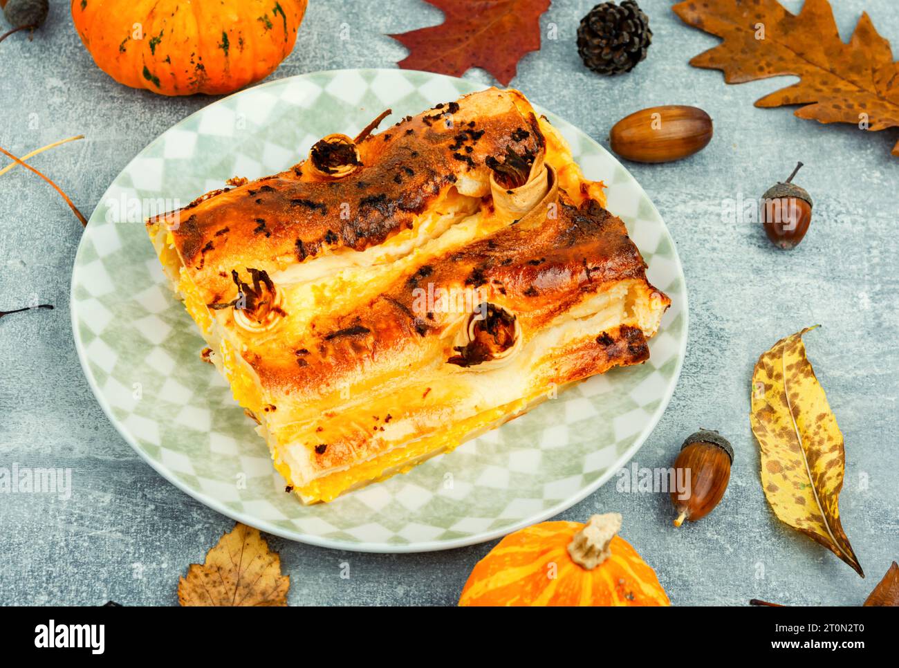 Autumn pie made from pumpkin, pita bread and cottage cheese. Delicious ...