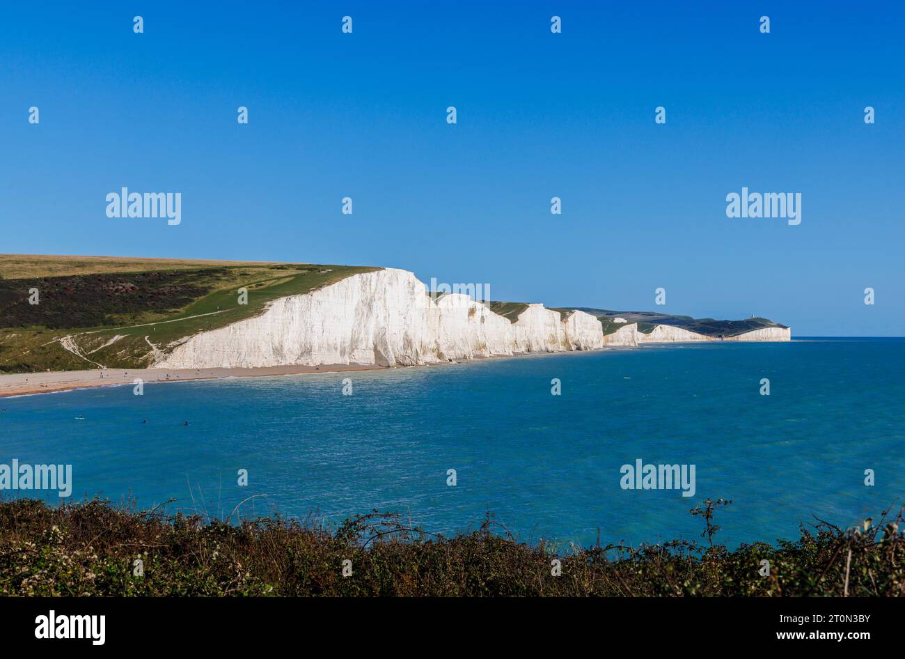 Panoramic view of the Seven Sisters chalk cliffs over Cuckmere Haven ...