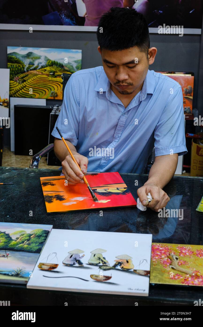 Hanoi, Vietnam. Artist at Work Painting Lacquerwork at Thu Huong ...