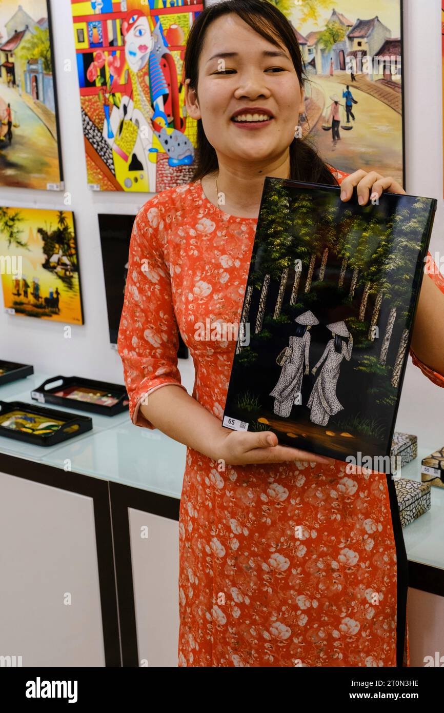 Hanoi, Vietnam. Woman Displaying Lacquerwork Seashell Paintings at Thu ...