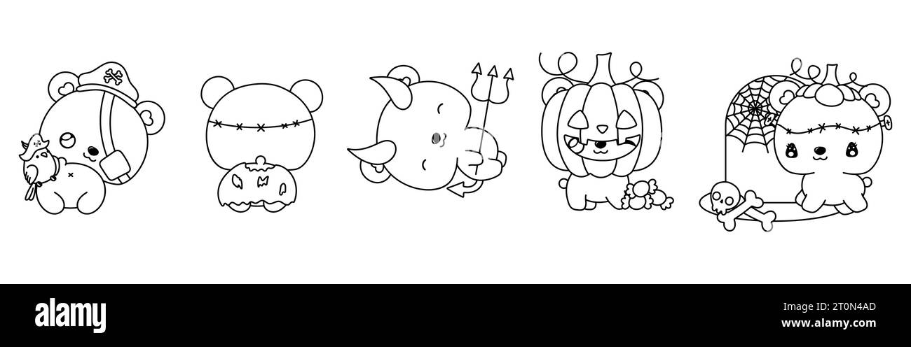 Set of Kawaii Halloween Bear Coloring Page. Collection of Cute Vector ...