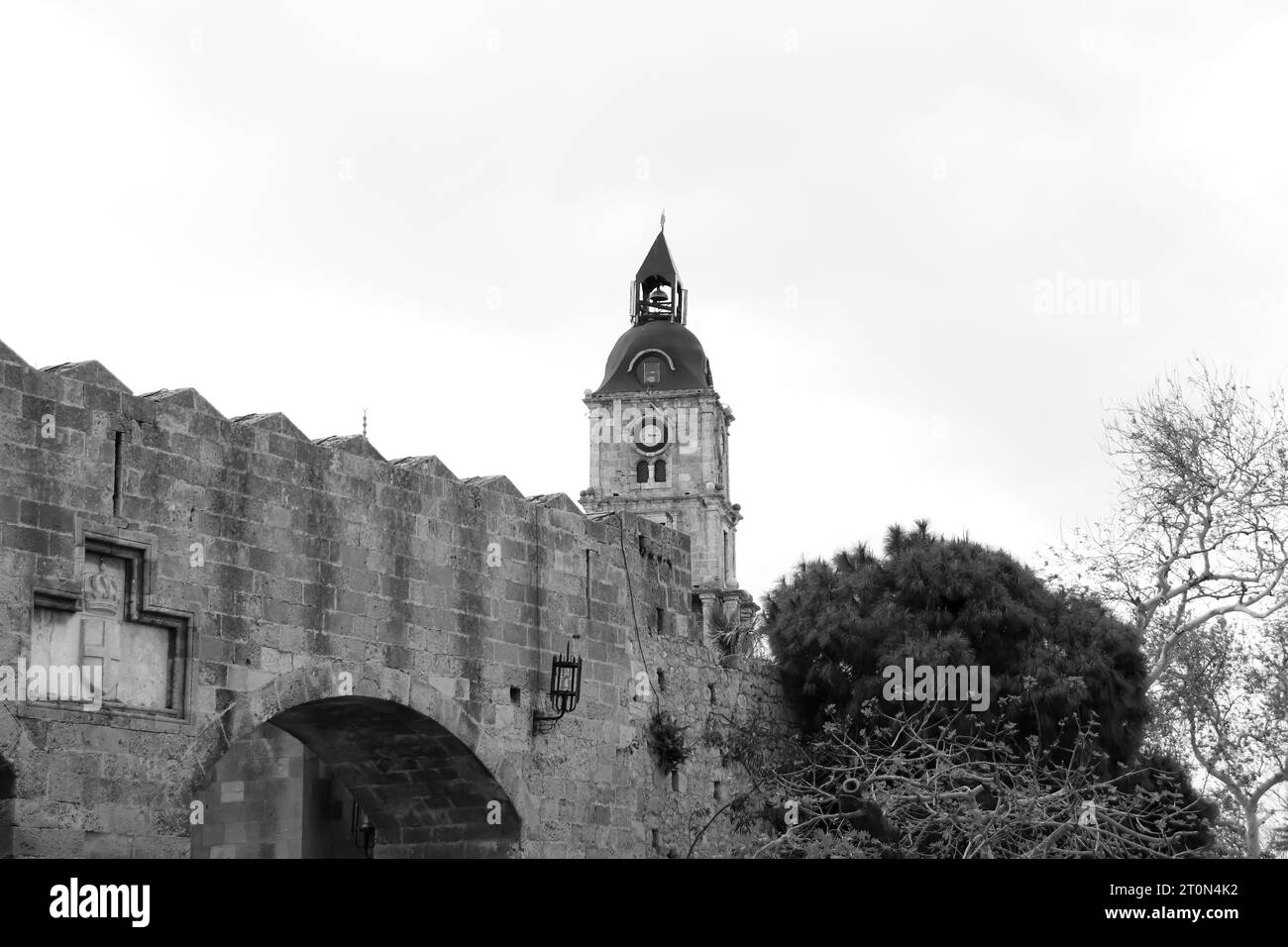 Black and white Roloi Clock Tower a medieval architectural building in ...