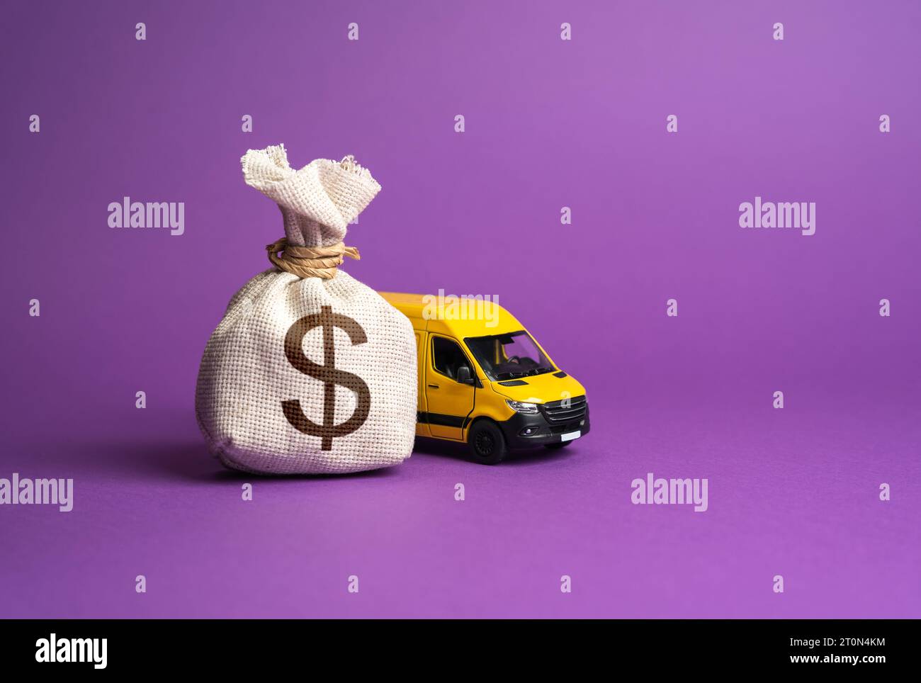 Dollar money bag and delivery van. Freight transportation. Logistics ...