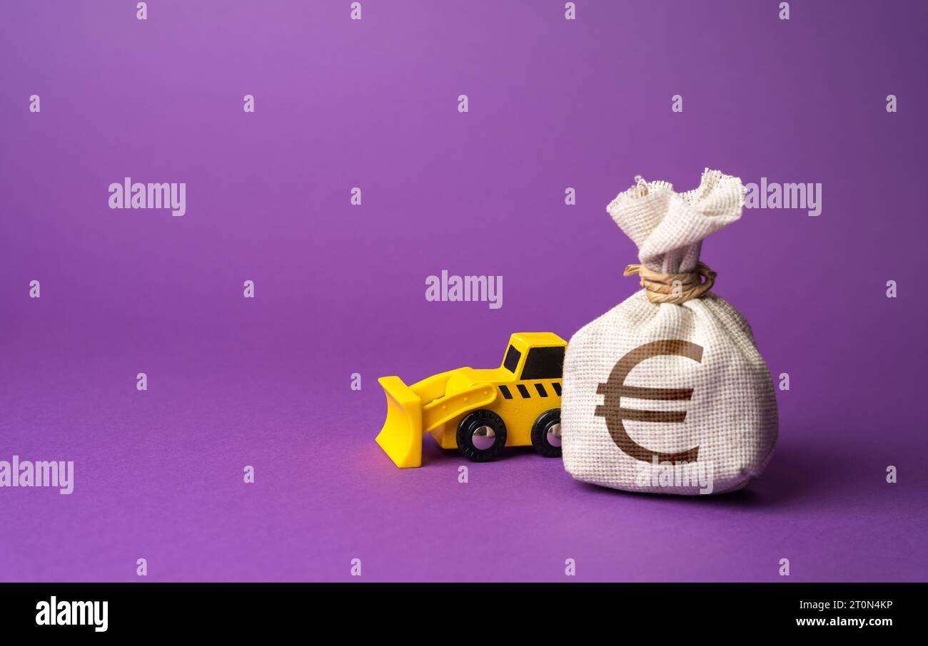 Bulldozer and euro money bag. Construction equipment rental. Demolition ...