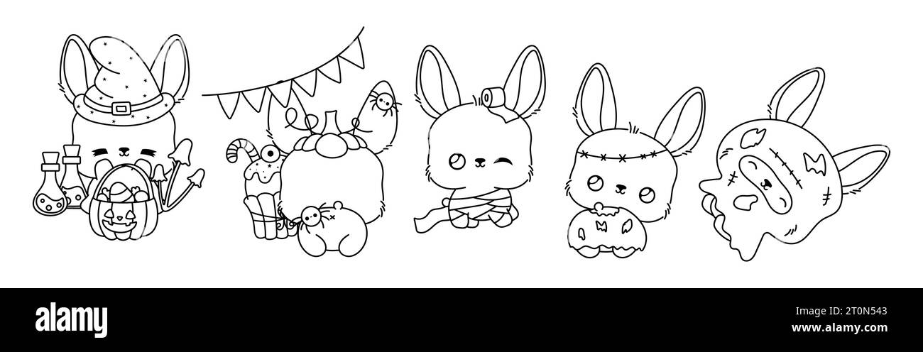 Set of Vector Halloween Rabbit Coloring Page. Collection of Kawaii ...