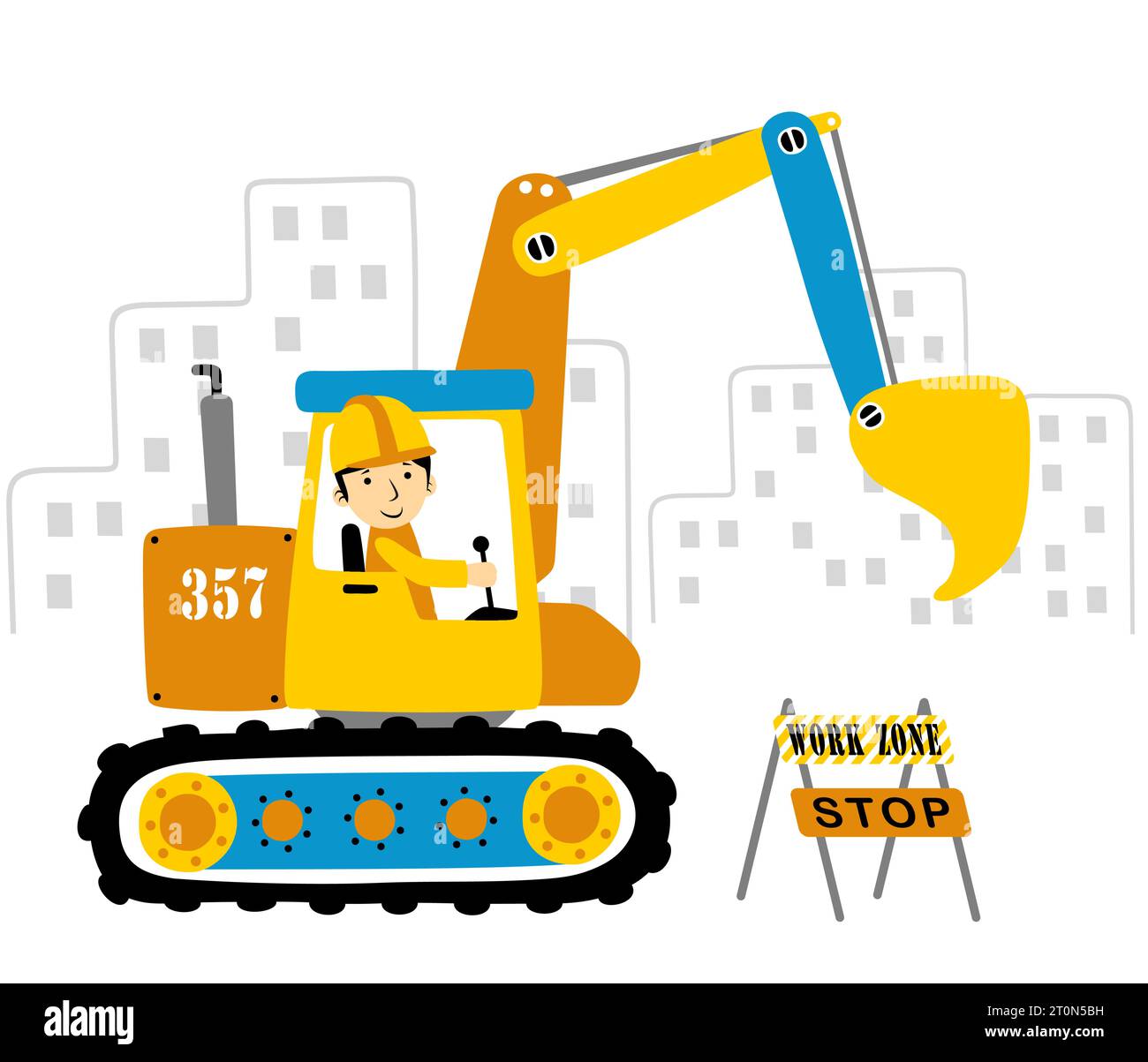 A worker driving construction vehicle on buildings background, vector ...
