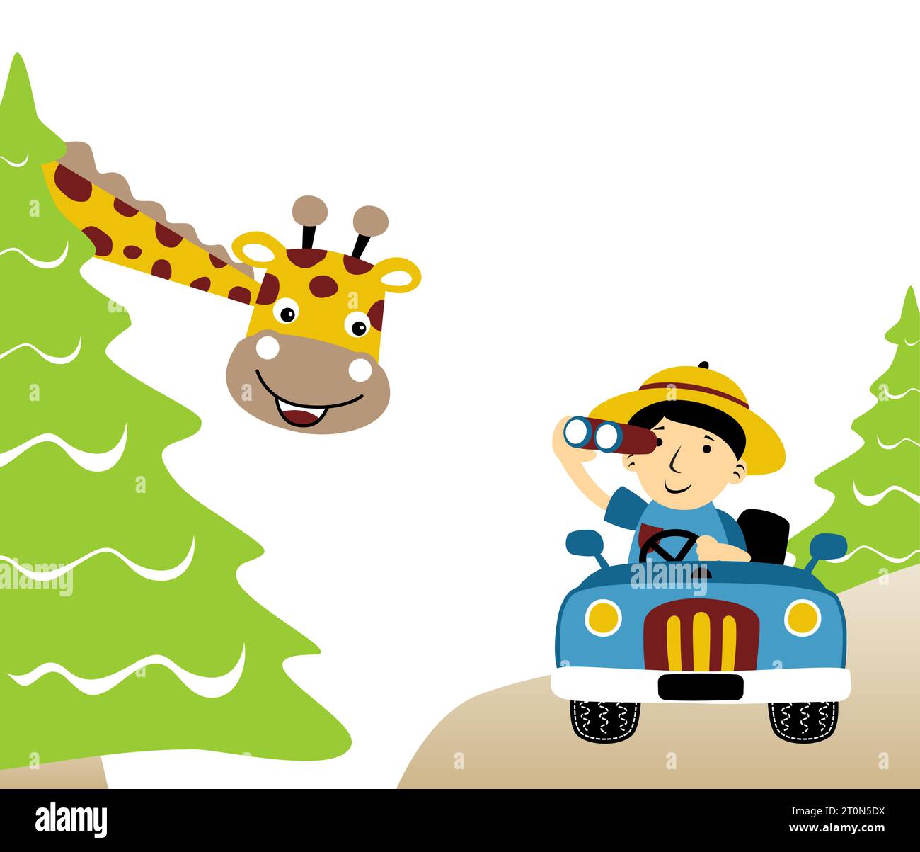 Holiday in the jungle, a boy on car holding binocular with funny ...