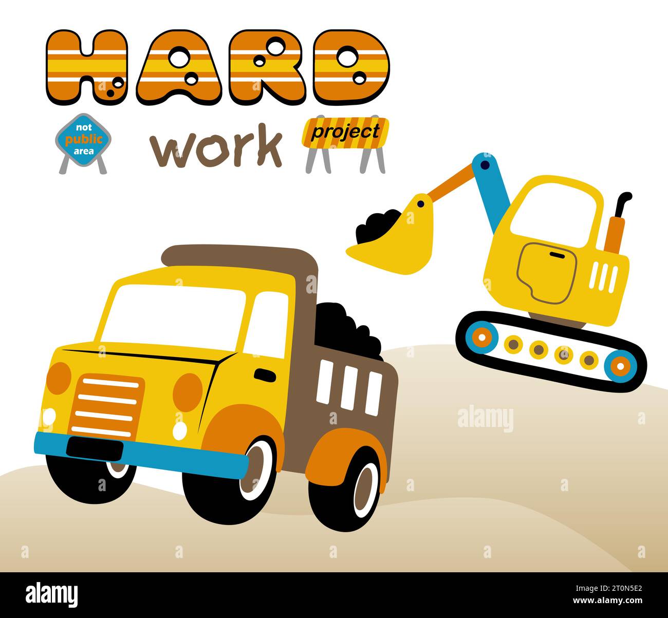 Construction vehicles with construction signs, vector cartoon ...