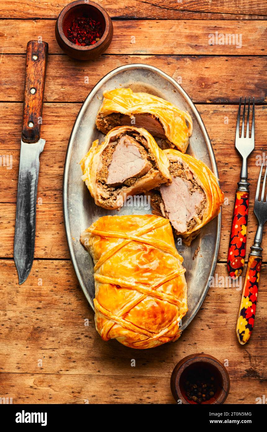 Popular delicious meat food is wellington meat, meat baked in dough ...