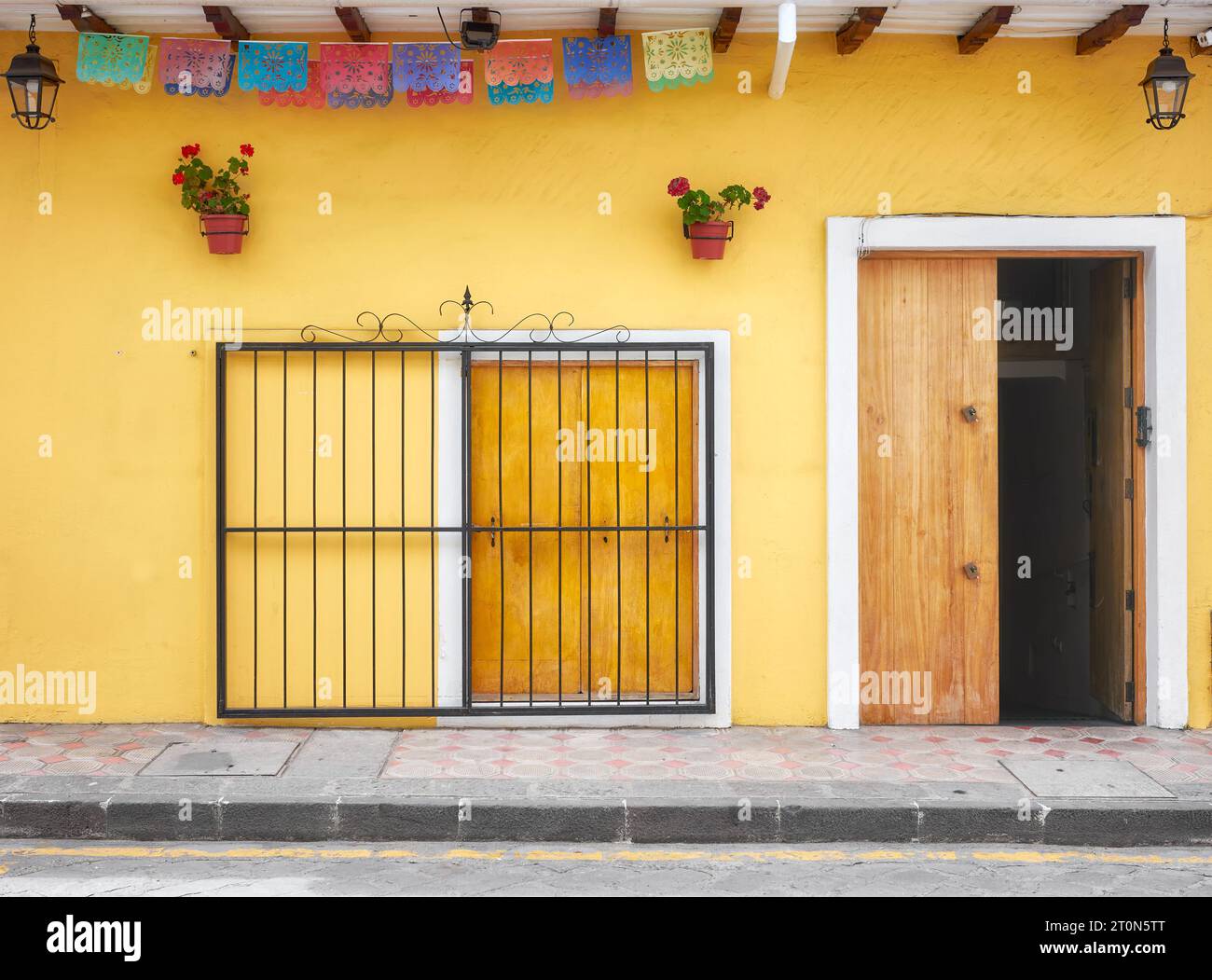 Street view of the facade of an old colonial building, architecture ...