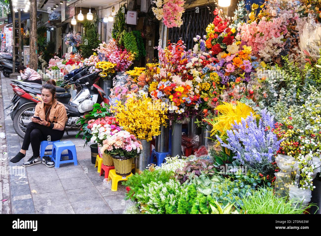 Hanoi, Vietnam. Hang Ma Street, Shopkeeper in front of Florist Shop ...