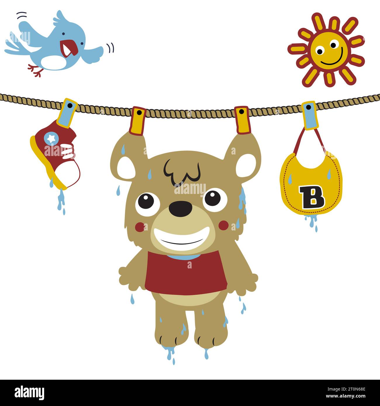 Funny bear in clothesline with smiling sun and little bird, vector ...