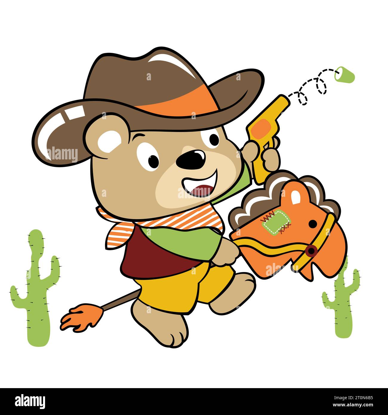 Funny bear in cowboy costume with gun toy riding stick horse, vector ...