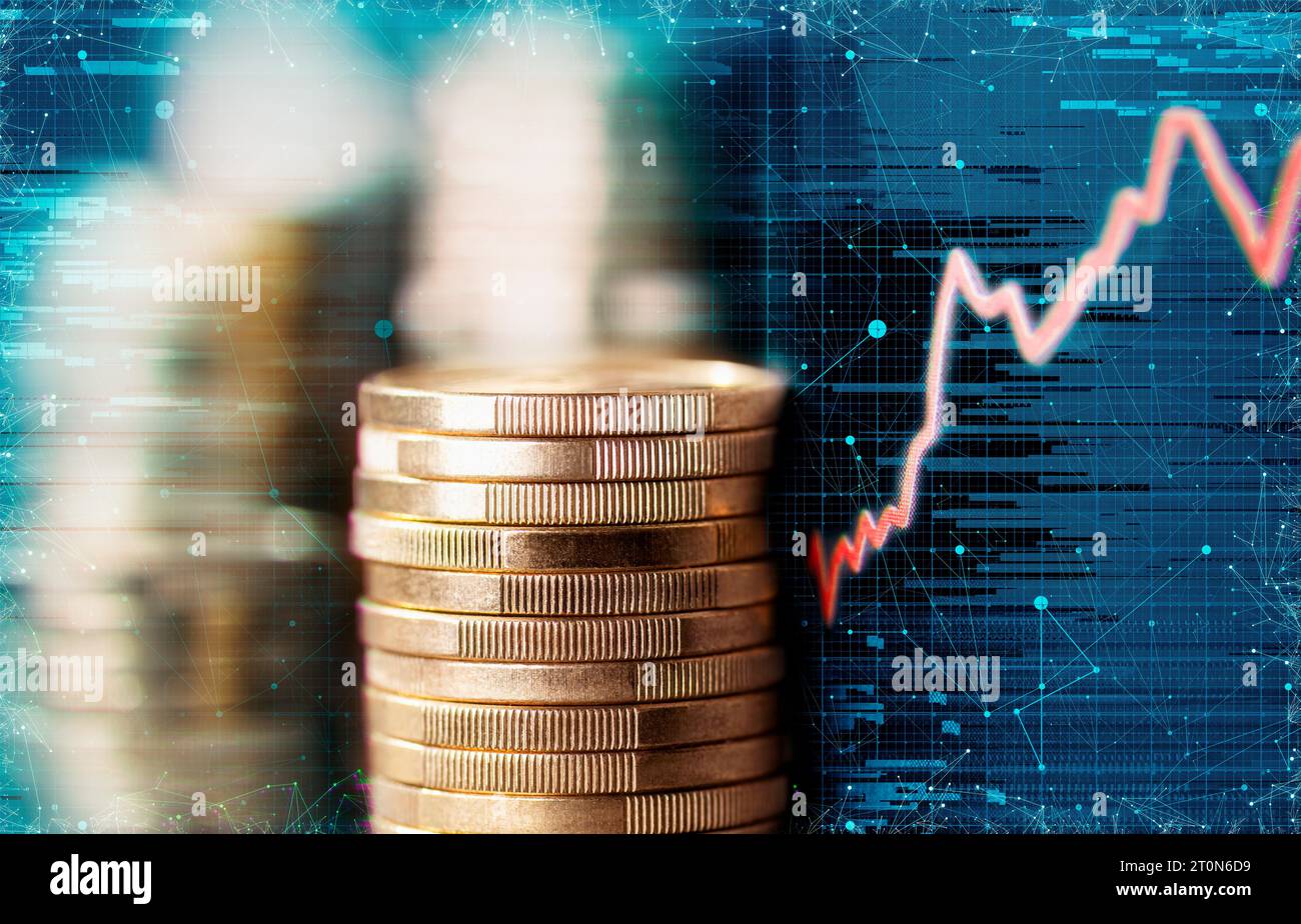 Finance and Artificial Intelligence. Stack of coins with upward curve ...