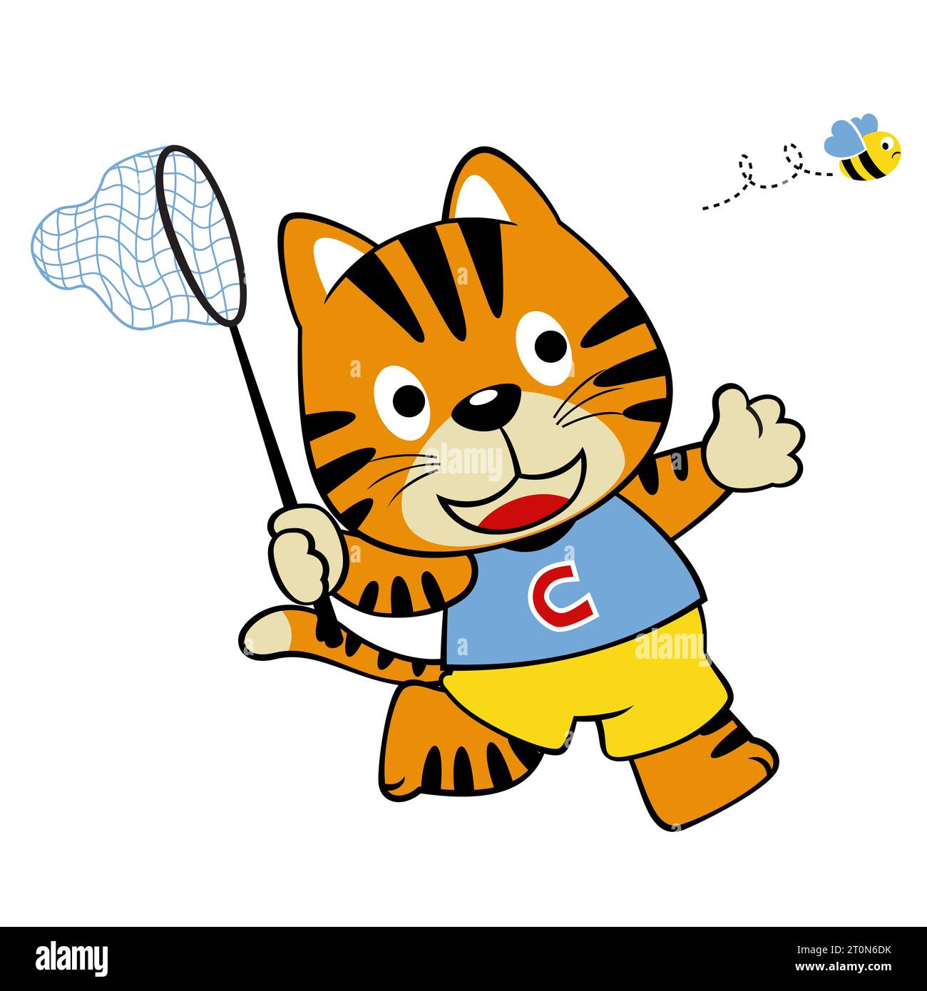 Cute kitten try to catch a little bee with fish net, vector cartoon ...