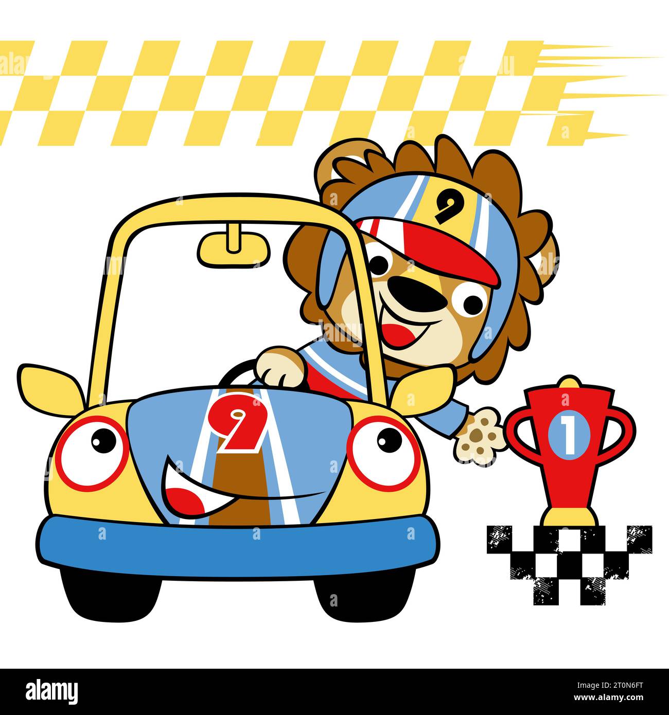 Cute lion with trophy winning car racing, vector cartoon illustration ...
