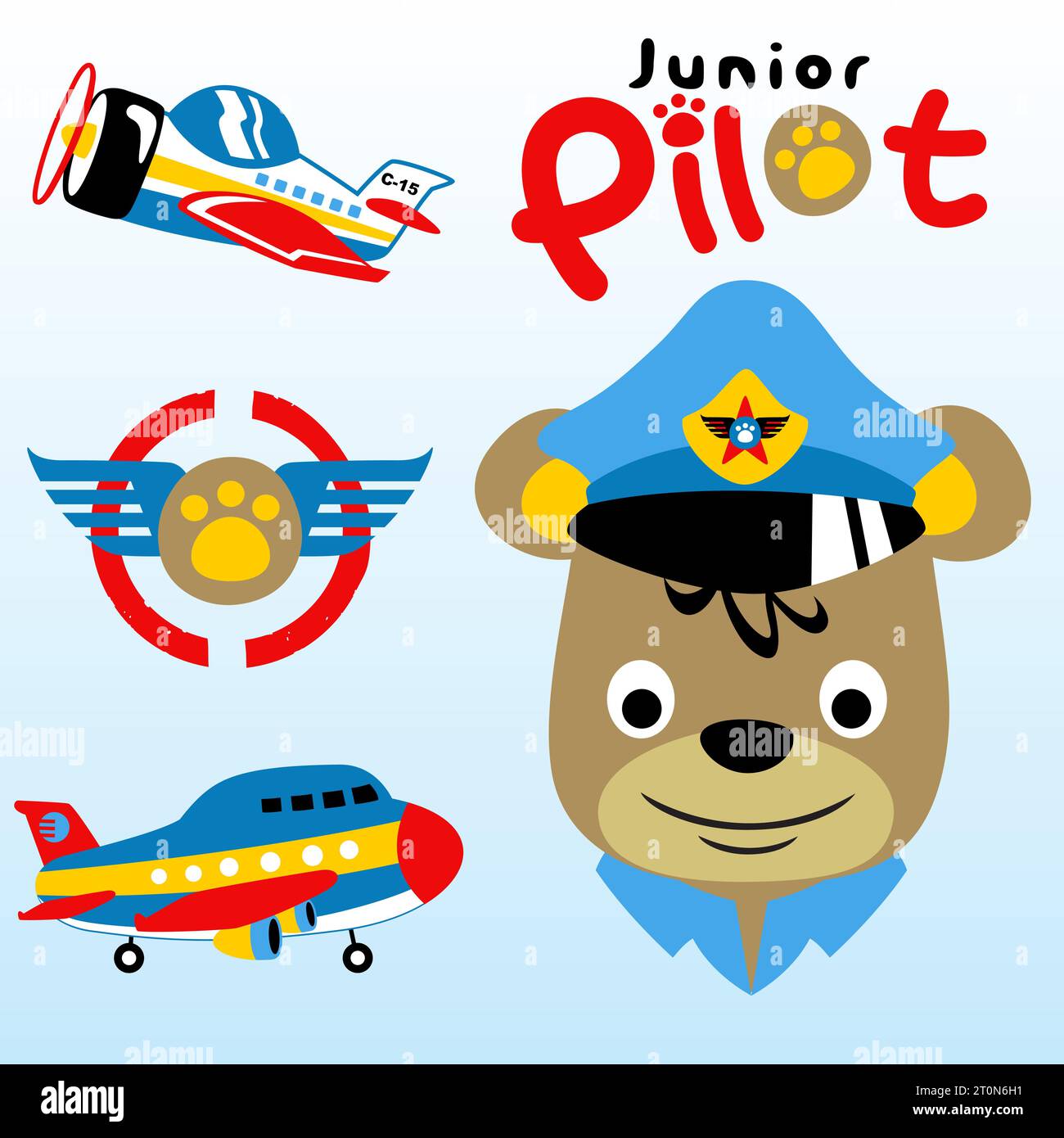 Cute bear in pilot cap with airplanes, vector cartoon illustration ...