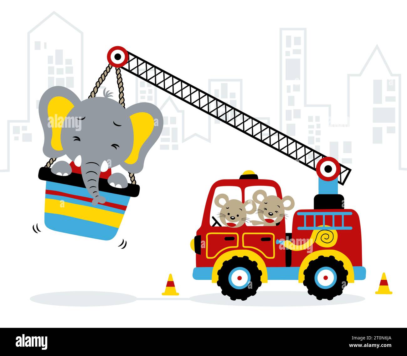 Funny mouse on firetruck, cute elephant on crane, vector cartoon ...